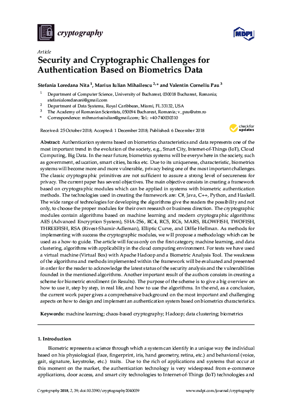 (PDF) Security and Cryptographic Challenges for Authentication Based on Biometrics Data