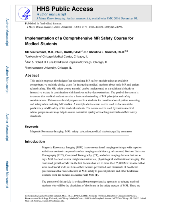 (PDF) Implementation of a comprehensive MR safety course for medical ...