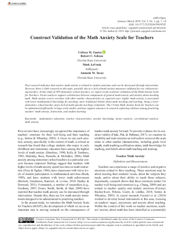 (PDF) The Construct Validation of the Math Anxiety Scale for Teachers