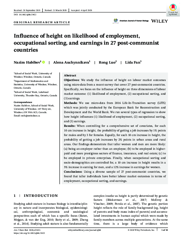 (PDF) Influence of height on likelihood of employment, occupational ...
