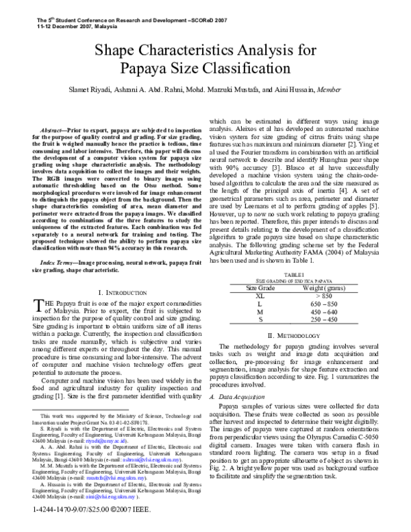 (PDF) Shape Characteristics Analysis for Papaya Size Classification