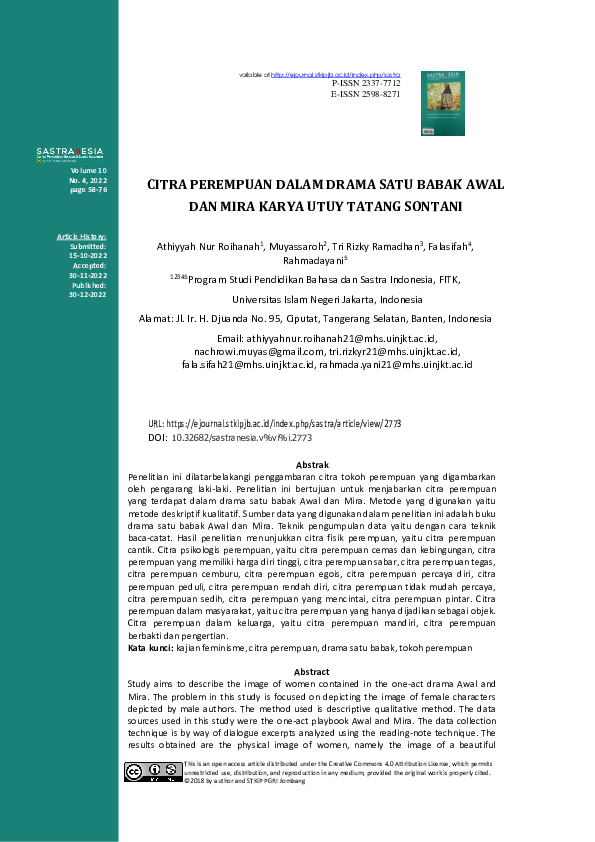 (PDF) Citra Perempuan Dalam Drama Satu Babak Awal Dan Mira Karya Utuy Tatang Sontani