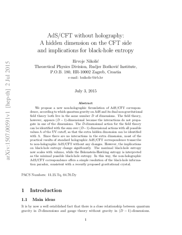 (PDF) AdS/CFT without holography: A hidden dimension on the CFT side and implications for black ...