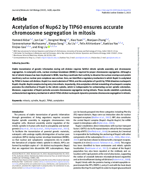 (PDF) Acetylation of Nup62 by TIP60 ensures accurate chromosome ...