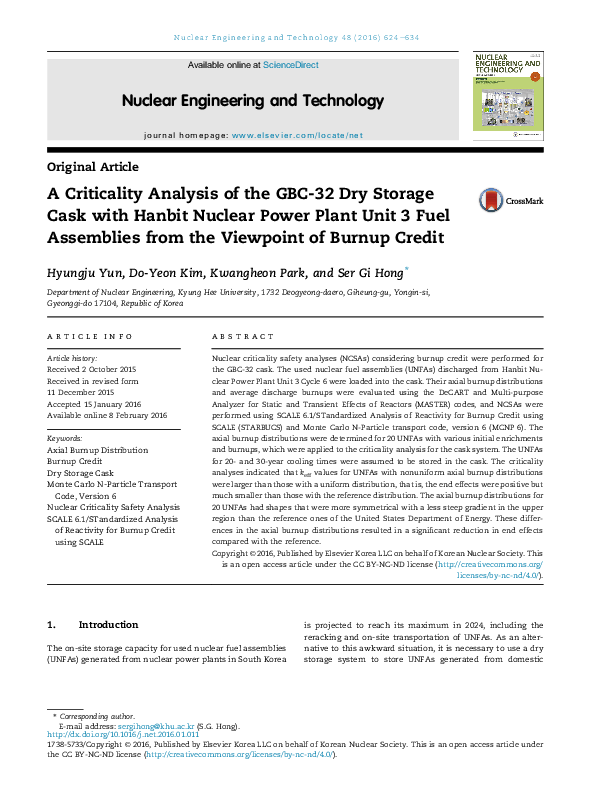 (PDF) A Criticality Analysis of the GBC-32 Dry Storage Cask with Hanbit ...