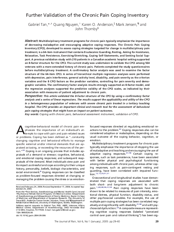 (PDF) Further validation of the chronic pain coping inventory