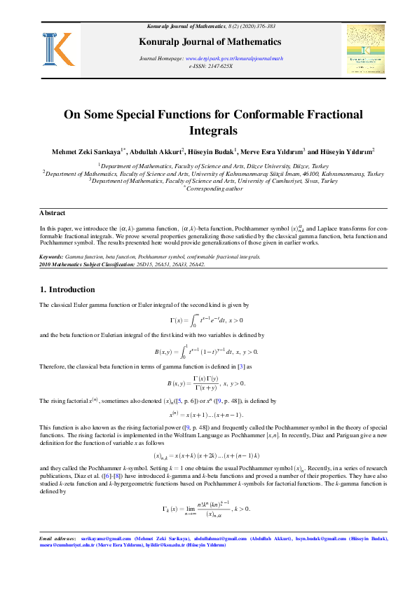 (PDF) On Some Special Functions for Conformable Fractional Integrals