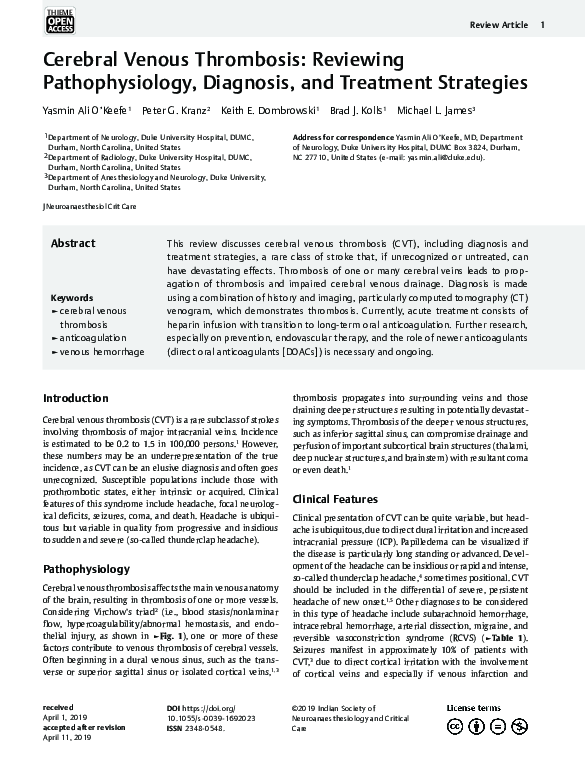 (PDF) Cerebral Venous Thrombosis: Reviewing Pathophysiology, Diagnosis, and Treatment Strategies
