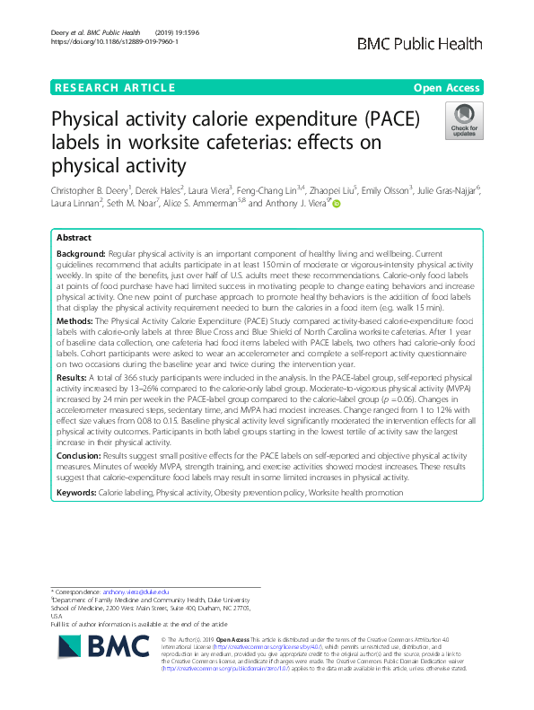 (PDF) Physical activity calorie expenditure (PACE) labels in worksite ...