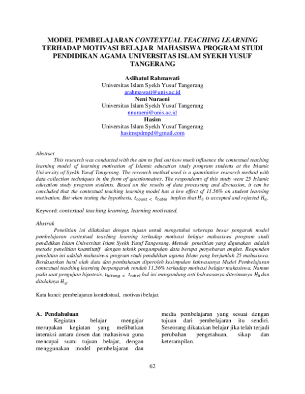 (PDF) Model Pembelajaran Contextual Teaching Learning Terhadap Motivasi Belajar Mahasiswa ...