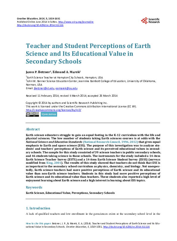 (PDF) Teacher and Student Perceptions of Earth Science and Its ...