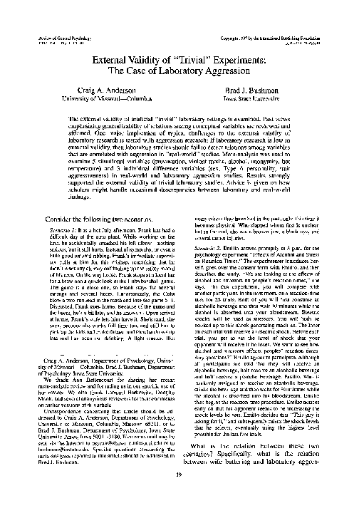 (PDF) External validity of "trivial" experiments: The case of laboratory aggression