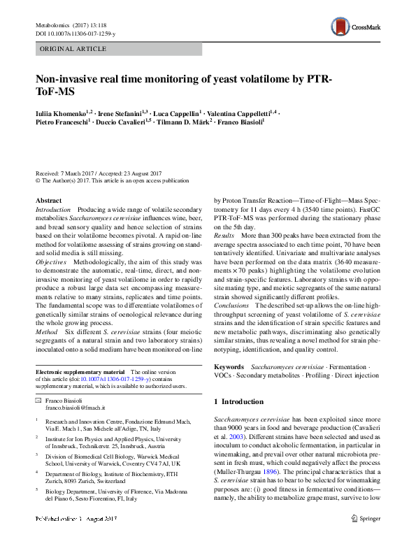 Pdf Non Invasive Real Time Monitoring Of Yeast Volatilome By Ptr Tof Ms Franco Biasioli