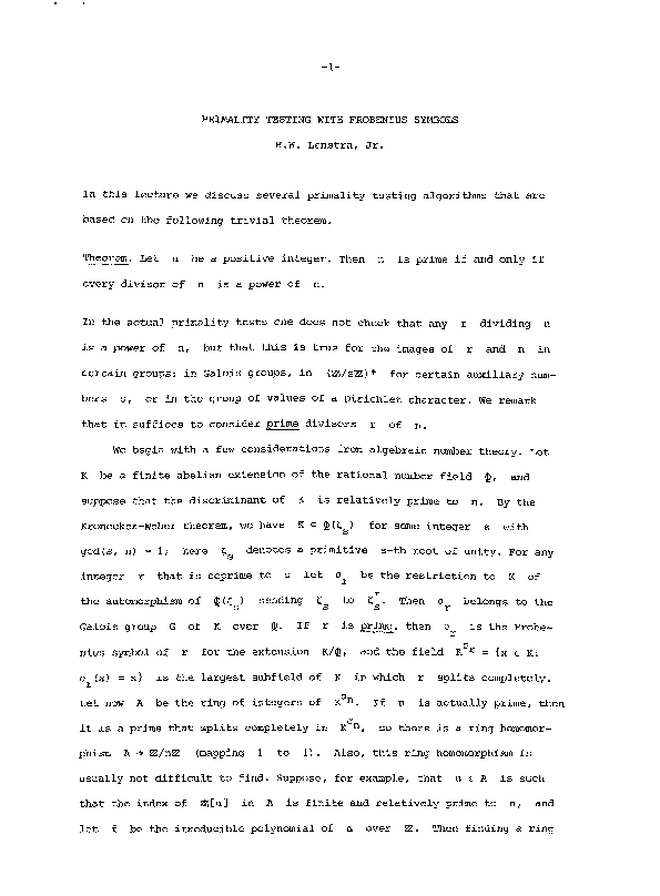 Pdf Primality Testing With Frobenius Symbols Hendrik Lenstra