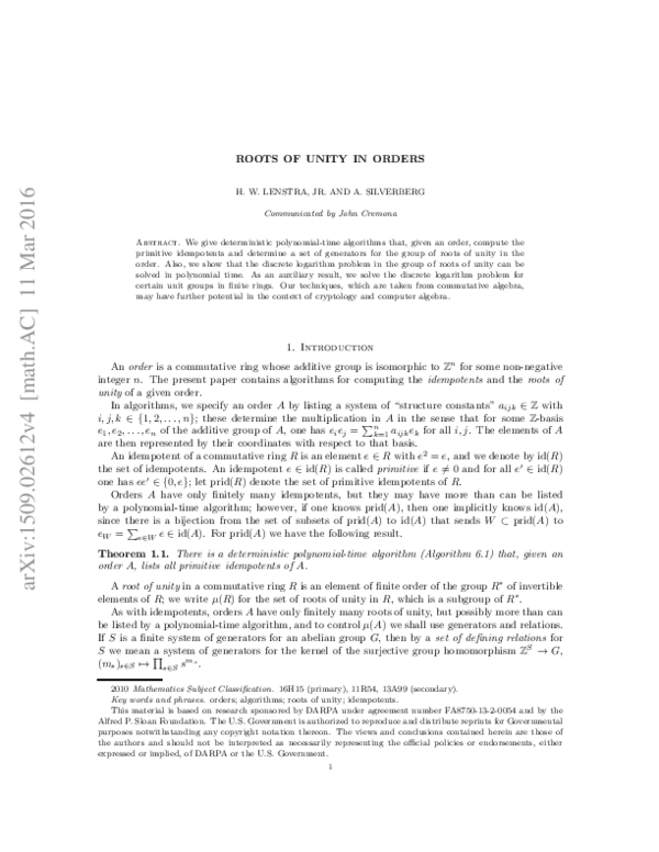 (PDF) Roots of Unity in Orders