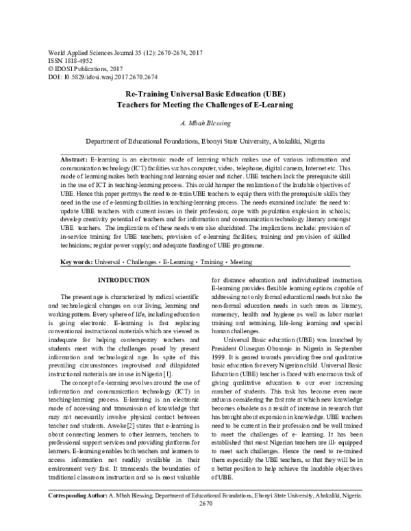 (PDF) Re-Training Universal Basic Education (UBE) Teachers for Meeting ...