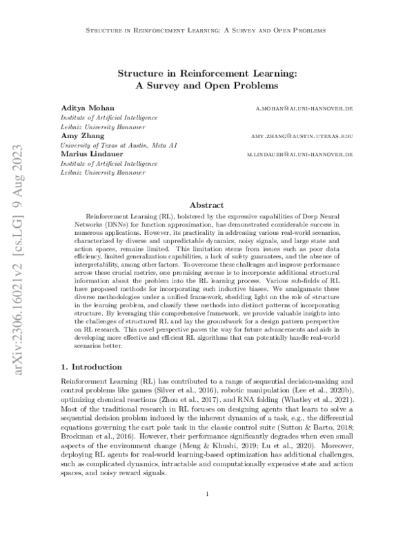 (PDF) Structure in Reinforcement Learning: A Survey and Open Problems