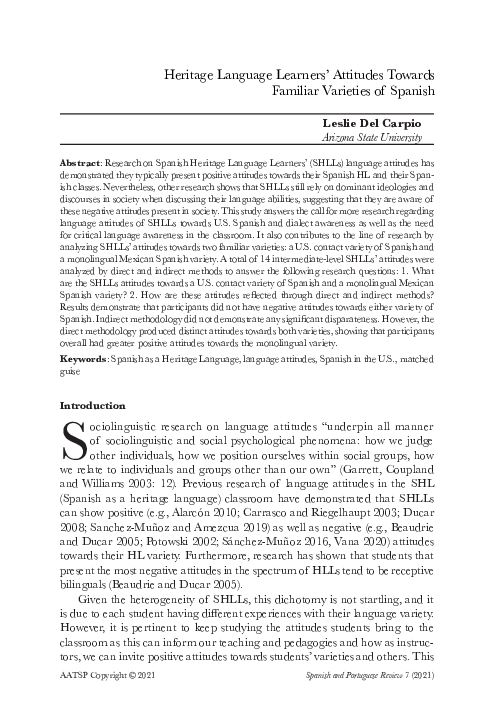 (PDF) Heritage Language Learners' Attitudes Towards Familiar Varieties ...