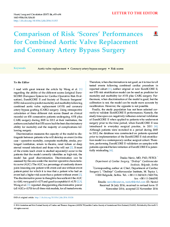 (PDF) Comparison of Risk 'Scores' Performances for Combined Aortic ...