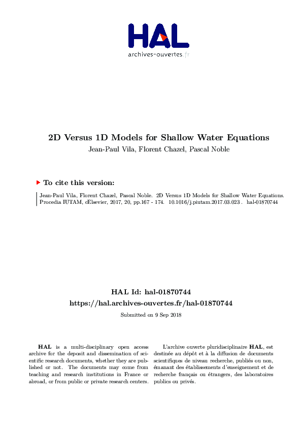 (PDF) 2D Versus 1D Models for Shallow Water Equations