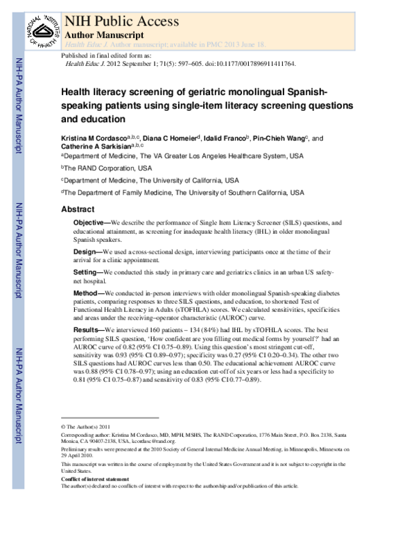 (PDF) Health literacy screening of geriatric monolingual Spanish ...