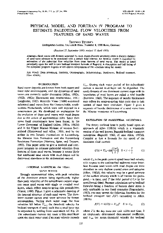 (PDF) Physical model and FORTRAN IV program to estimate paleotidal flow velocities from features ...