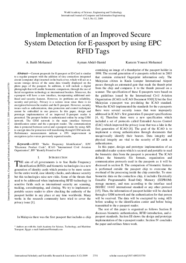 (PDF) Implementation Of An Improved Secure System Detection For E-Passport By Using Epc Rfid Tags