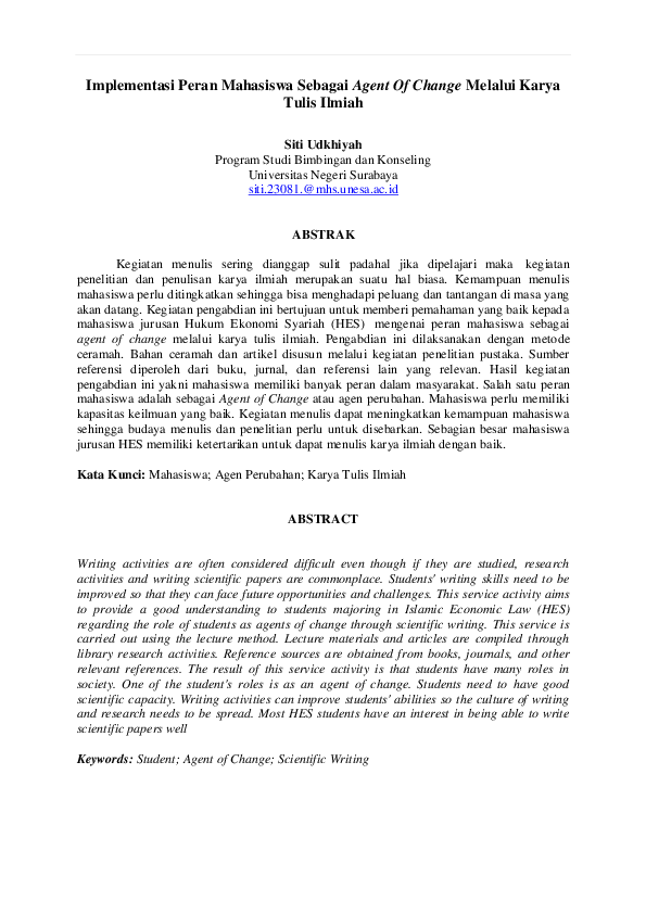 (PDF) Implementasi Peran Mahasiswa Sebagai Agent Of Change Melalui Karya Tulis Ilmiah