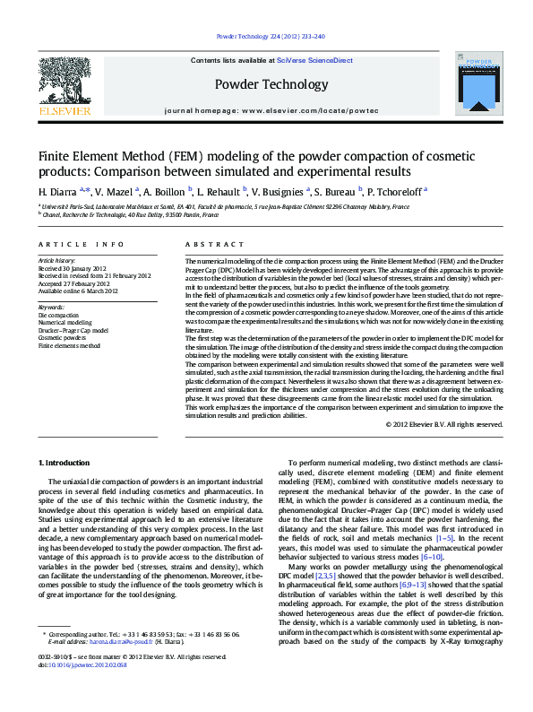 Pdf Finite Element Method Fem Modeling Of The Powder Compaction Of Cosmetic Products