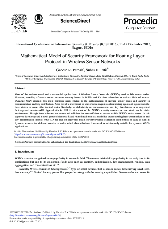(PDF) Mathematical Model of Security Framework for Routing Layer Protocol in Wireless Sensor ...