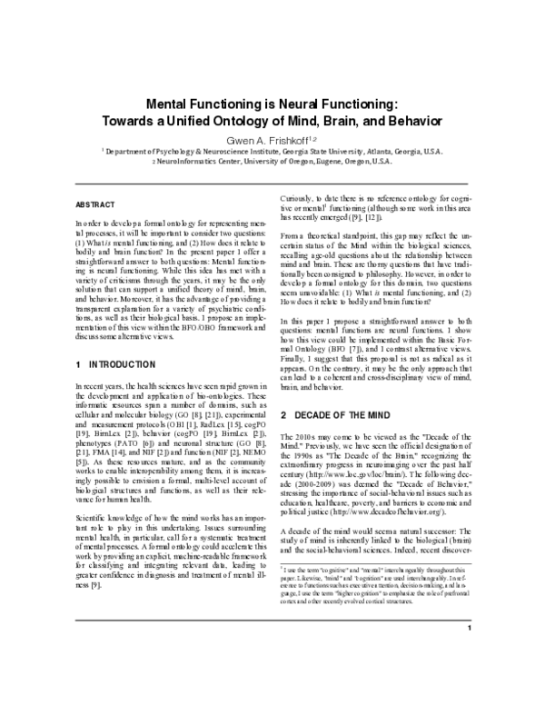 (PDF) Mental Functioning is Neural Functioning : Towards a Unified Ontology of Mind , Brain ...