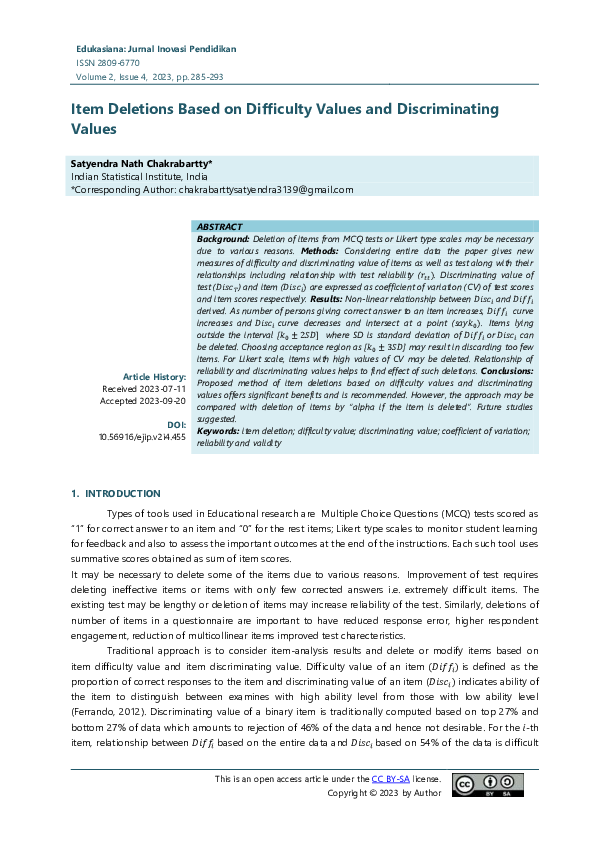 (PDF) Item Deletions Based on Difficulty Values and Discriminating Values