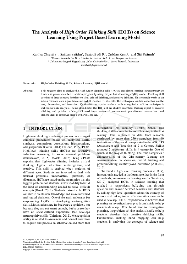 (PDF) The Analysis of High Order Thinking Skill (HOTs) on Science Learning Using Project Based ...