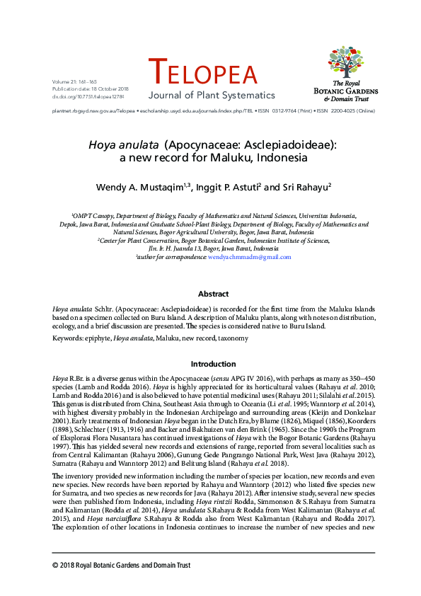(PDF) Hoya anulata (Apocynaceae: Asclepiadoideae) : a new record in ...