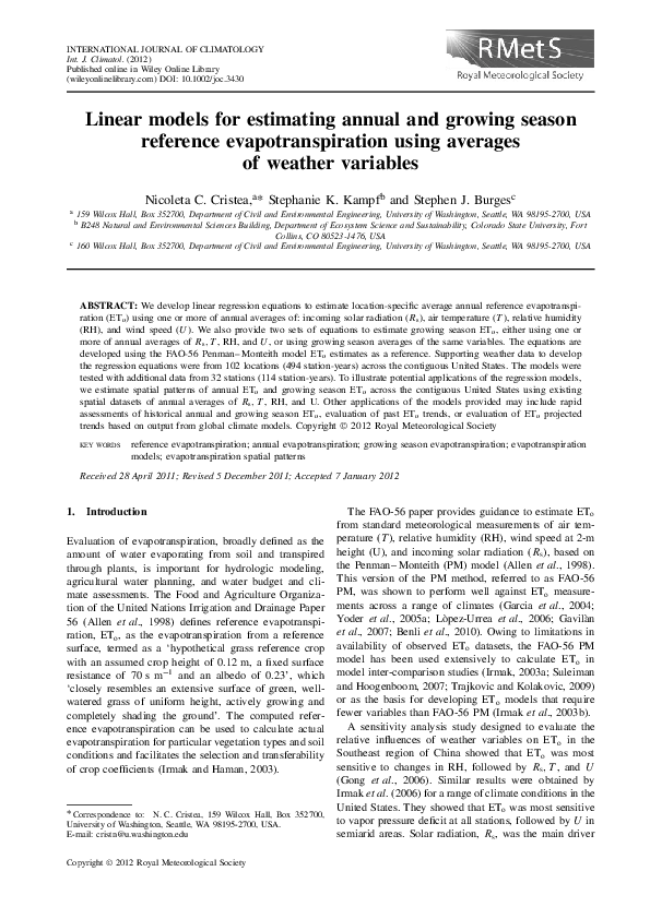 Pdf Linear Models For Estimating Annual And Growing Season Reference Evapotranspiration Using