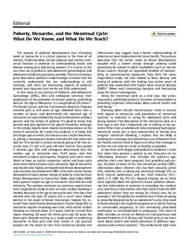 Pdf Puberty Menarche And The Menstrual Cycle What Do We Know And