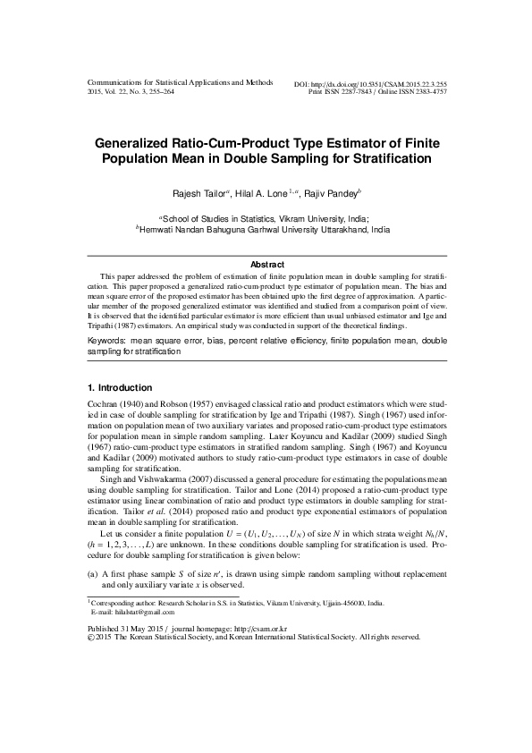 Pdf Generalized Ratio Cum Product Type Estimator Of Finite Population