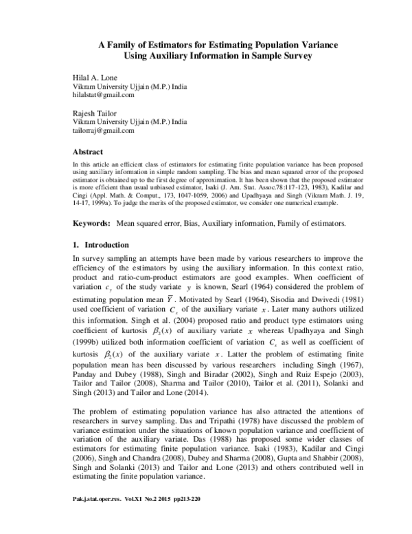 (PDF) A Family of Estimators for Estimating Population Variance Using Auxiliary Information in ...
