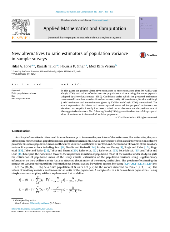 Pdf New Alternatives To Ratio Estimators Of Population Variance In Sample Surveys