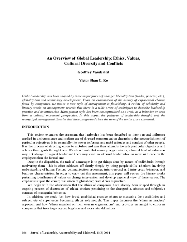 (PDF) An Overview of Global Leadership: Ethics, Values, Cultural ...