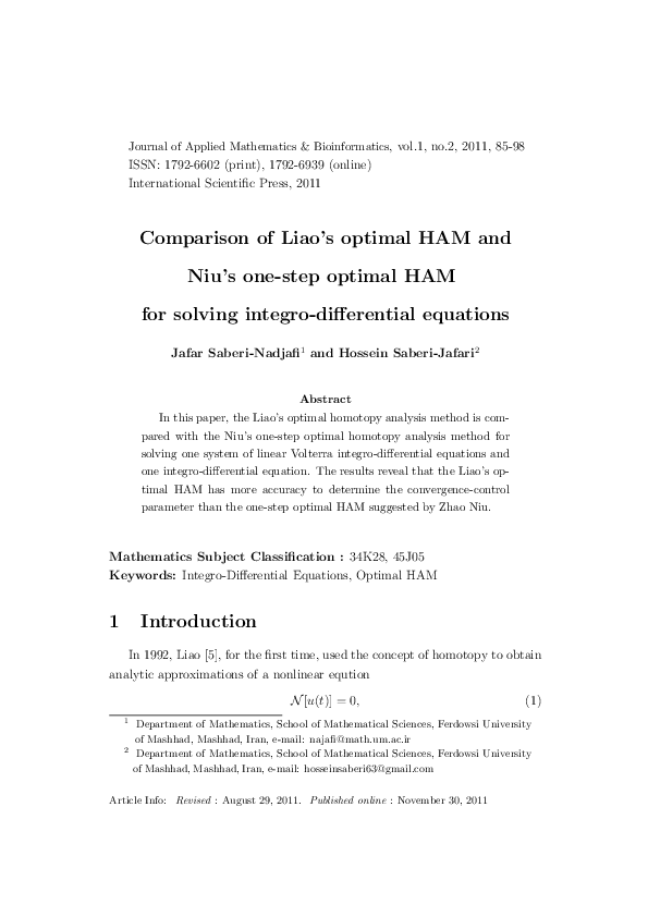 (PDF) Comparison of Liao's optimal HAM and Niu's one-step optimal HAM for solving integro ...