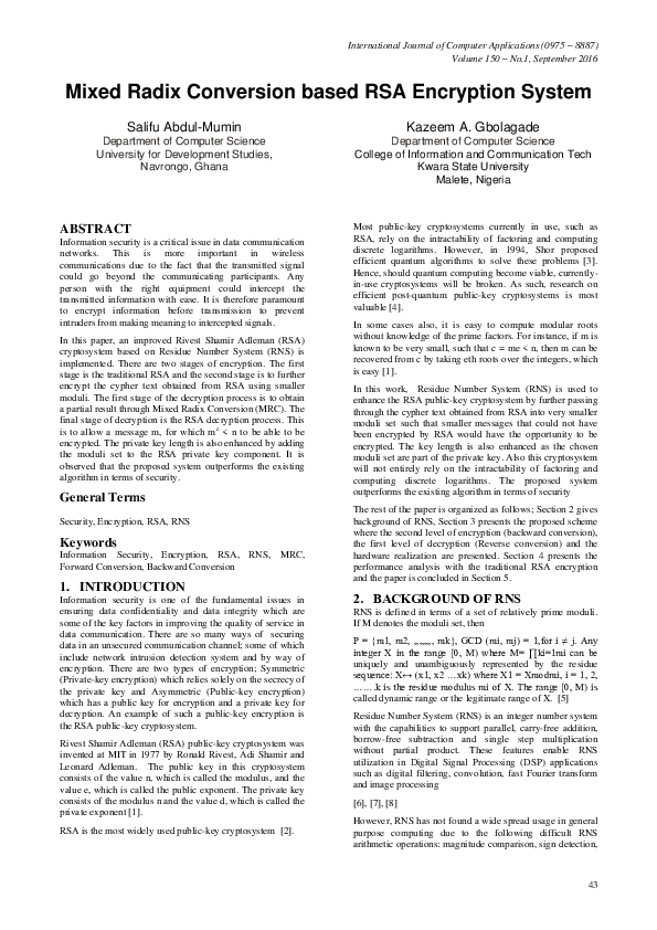 (PDF) Mixed Radix Conversion based RSA Encryption System | SALIFU ABDUL-MUMIN - Academia.edu