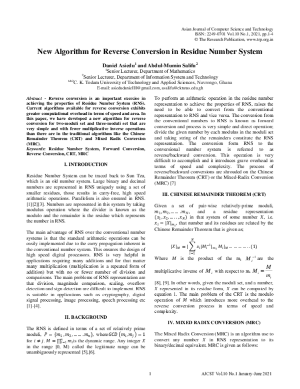 Pdf New Algorithm For Reverse Conversion In Residue Number System 