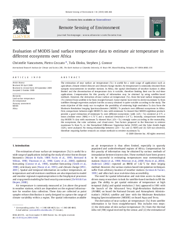 (PDF) Evaluation of MODIS land surface temperature data to estimate air temperature in different ...