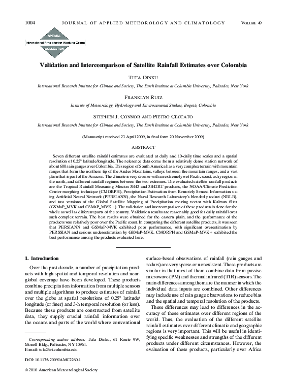Pdf Validation And Intercomparison Of Satellite Rainfall Estimates Over Colombia