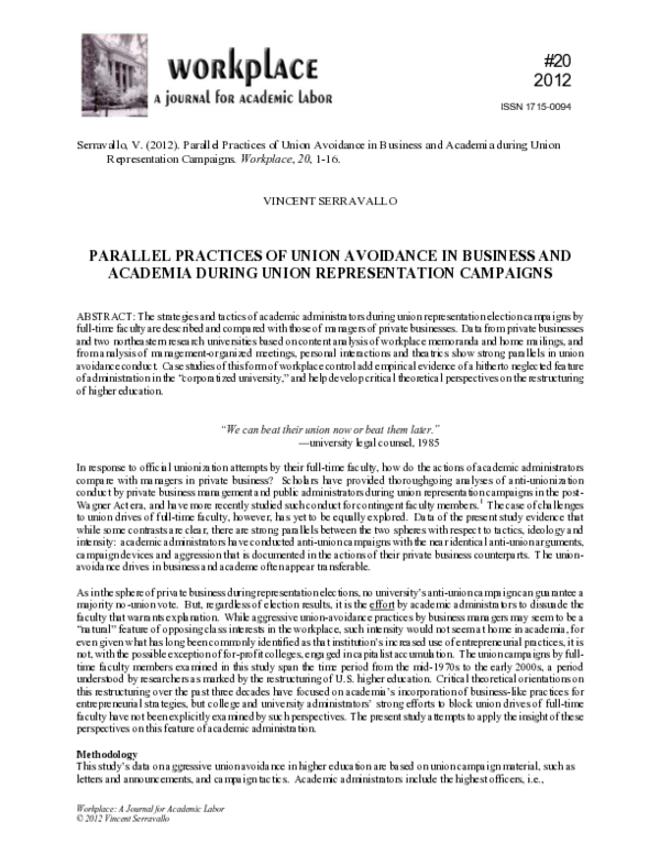 (PDF) Parallel Practices of Union Avoidance in Business and Academia
