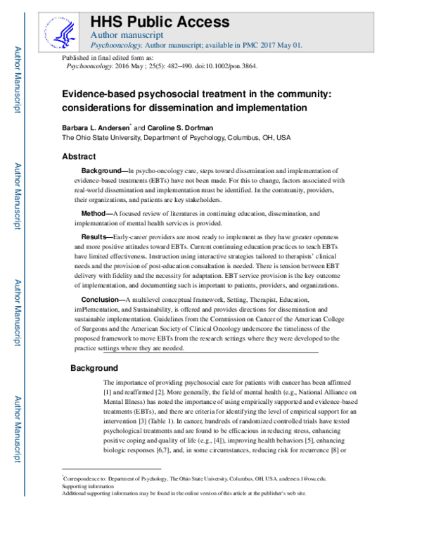 (PDF) Evidence-based psychosocial treatment in the community: considerations for dissemination ...