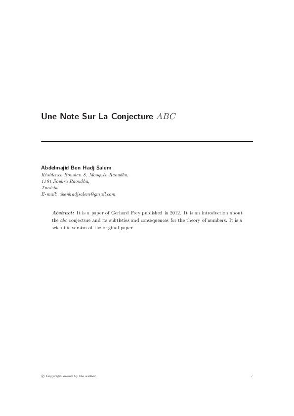 (PDF) Une Note Sur La Conjecture ABC