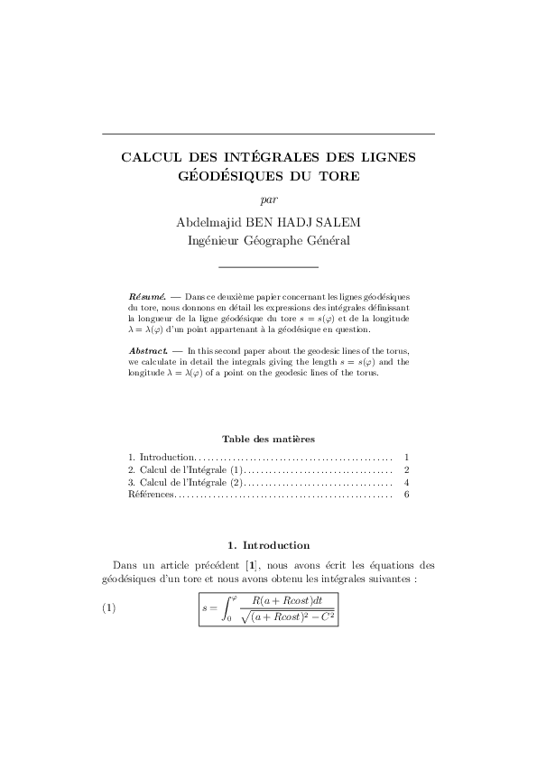 (PDF) Calculation of The Integrals of The Geodesic Lines of The Torus