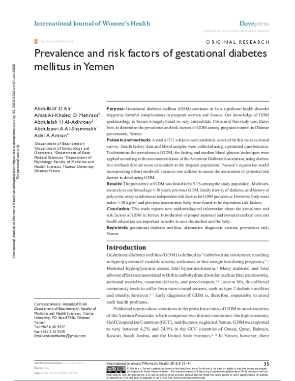 (PDF) Prevalence and risk factors of gestational diabetes mellitus in Yemen (PDF) Prevalence and risk factors of gestational diabetes mellitus in Yemen